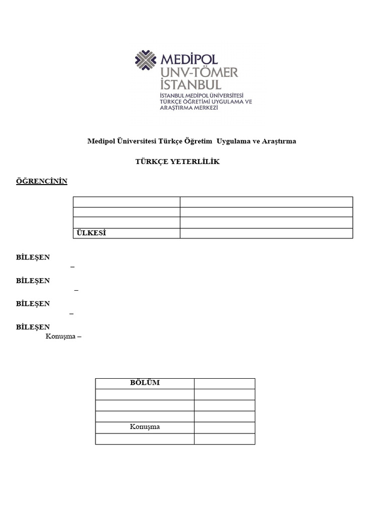 Medi̇pol Üni̇versi̇tesi̇ Tömer Türkçe Yeterli̇li̇k Sinavi Örneği̇ | PDF