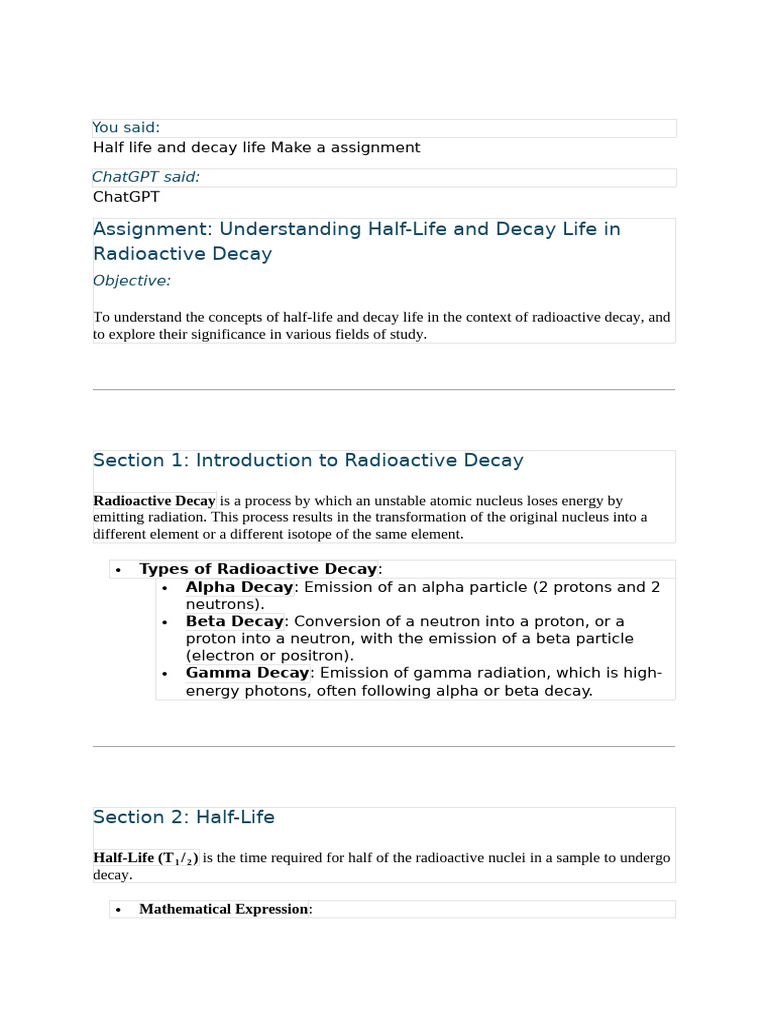 Assignment: Understanding Half-Life and Decay Life in Radioactive Decay ...