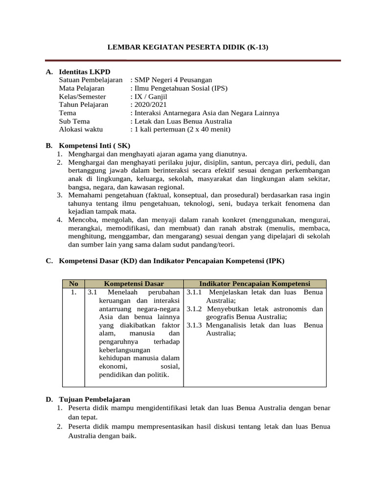 LK 4. 2 Format LKPD K-13 - Benua Australia | PDF