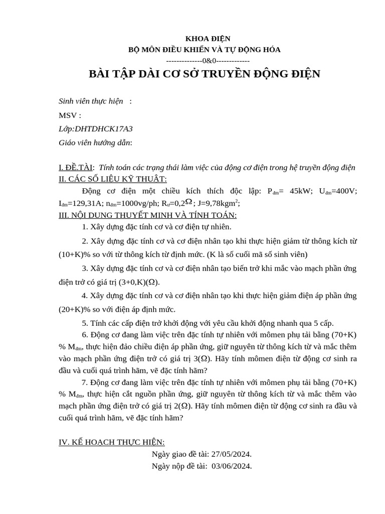 BTD CS TRUYỀN ĐỘNG ĐIỆN1 | PDF