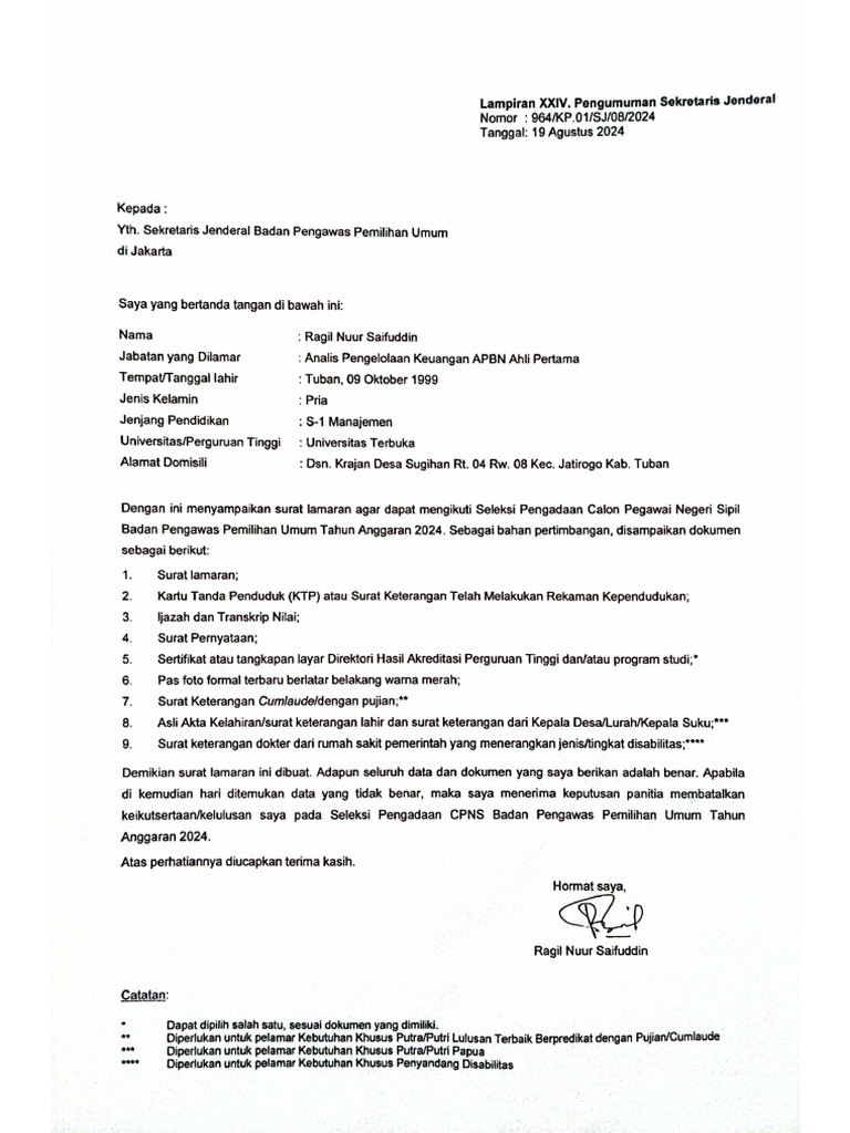 Surat Lamaran Cpns | PDF