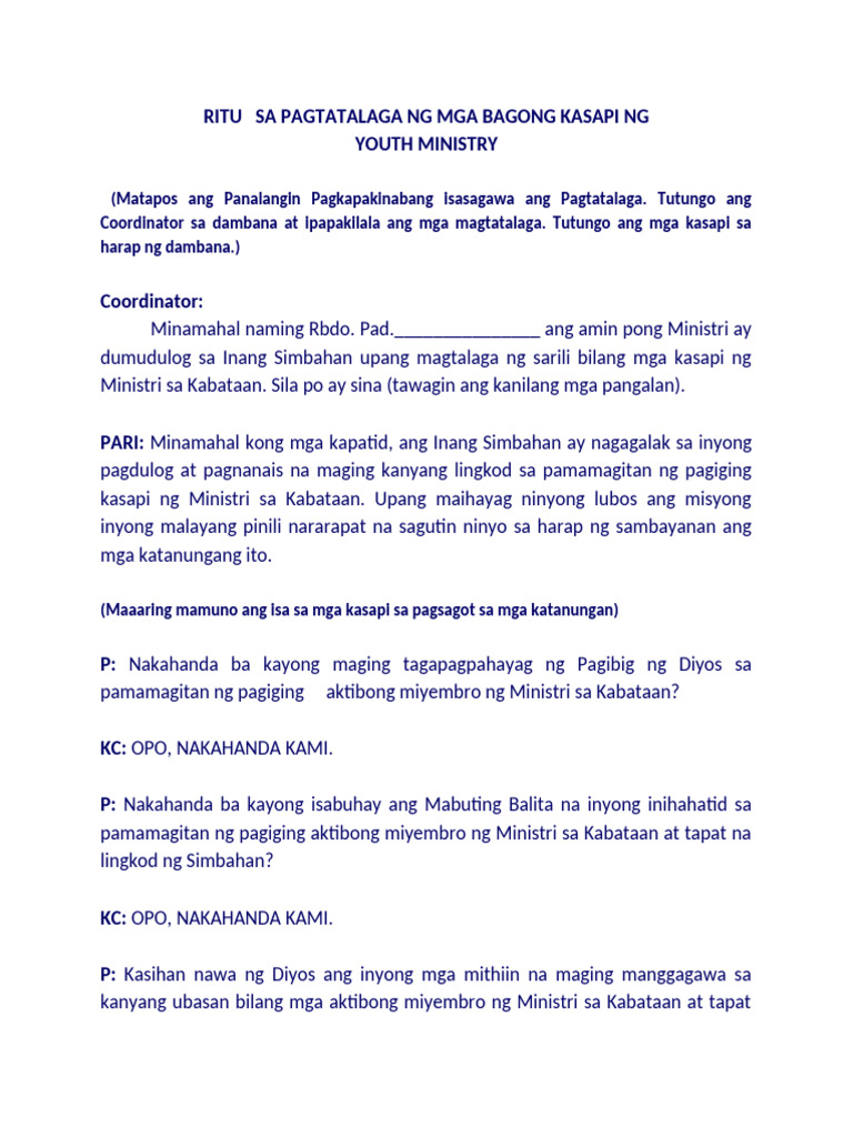 Ritu Sa Pagtatalaga NG Mga Bagong Kasapi NG Kalikasan | PDF