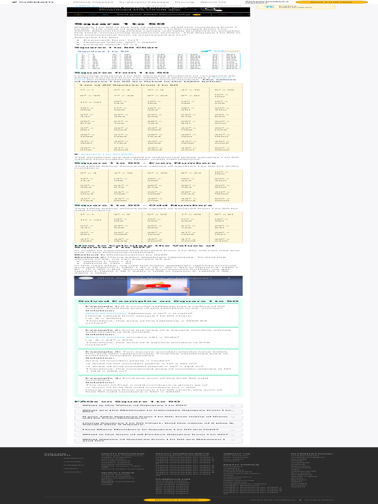 Square 1 To 50 Values of Squares From 1 To 50 (PDF Download) | PDF