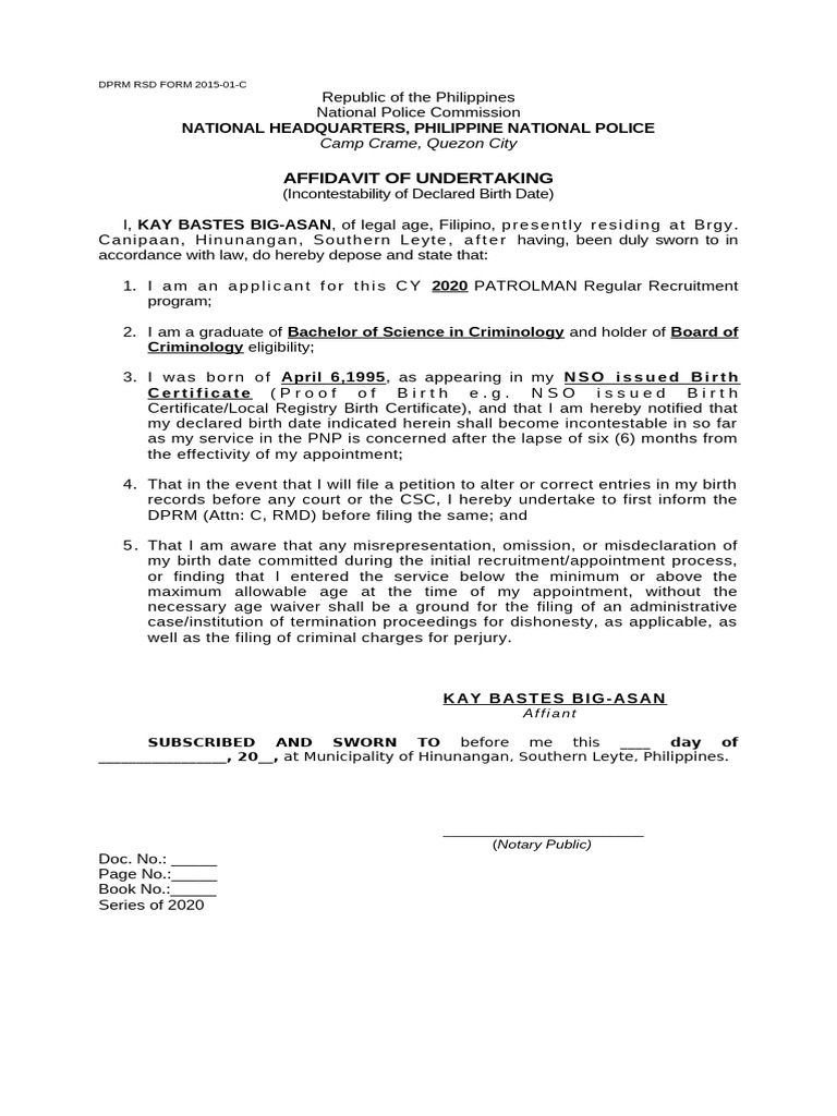 Affidavit of Undertaking (Police Applicant) | PDF