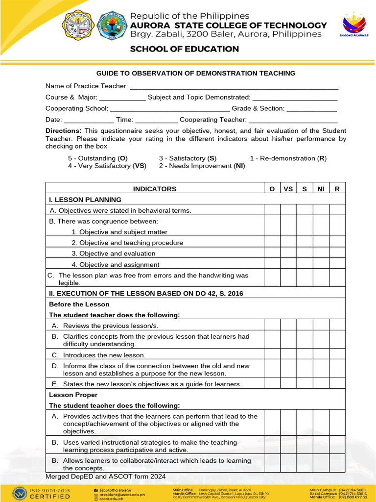 Guide To Observation of Demonstration Teaching | PDF