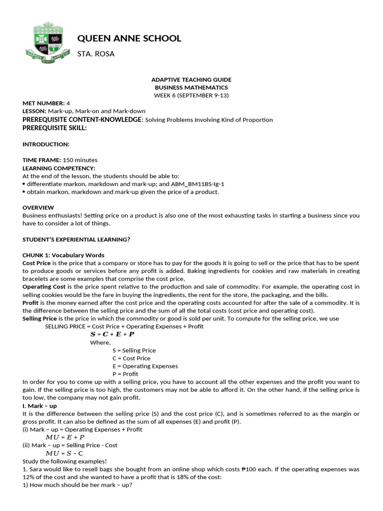 Business Mathematics - Week 6 (September 9-13) | PDF