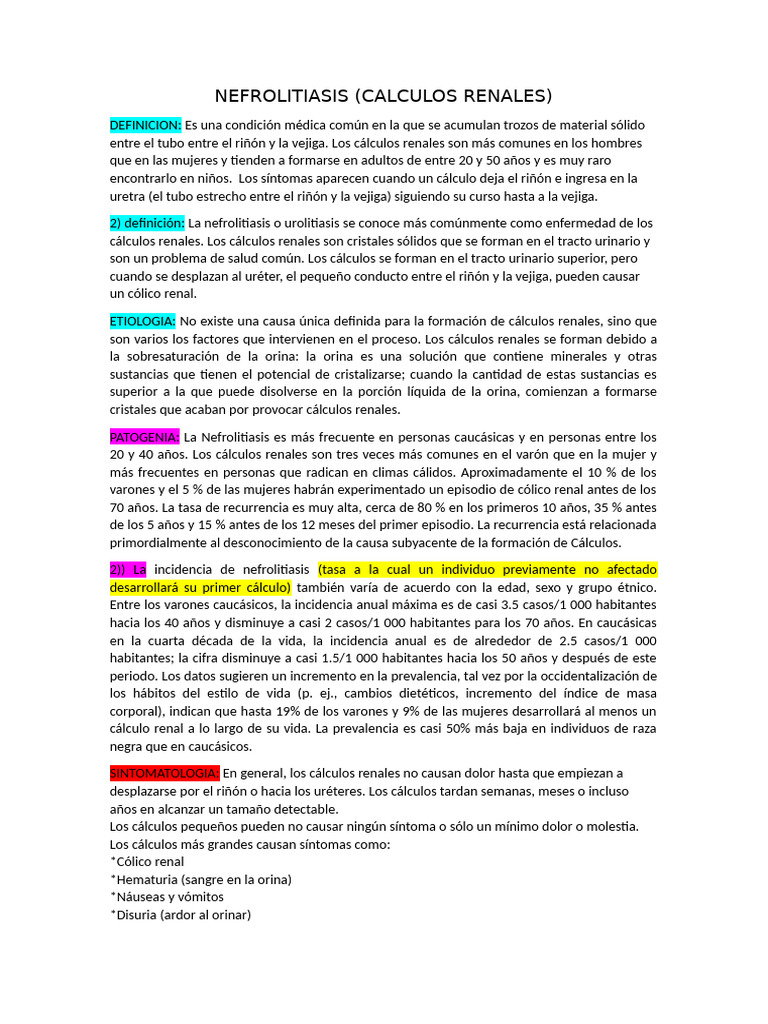NEFROLITIASIS (Calculos Renales) | PDF