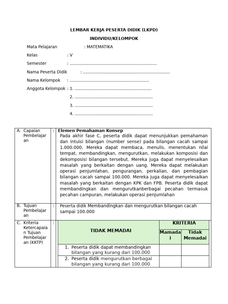 LKPD Individu - Numerasi Kelas 5 Tondo Kurra | PDF