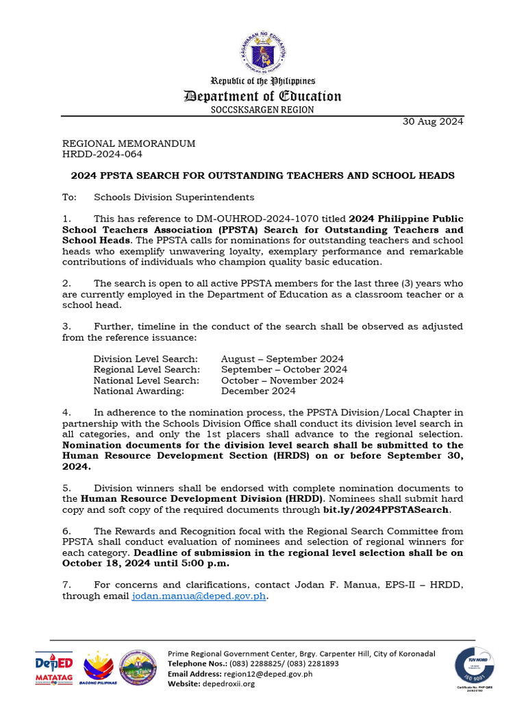 Regional Memorandum HRDD 2024 064 2024 Ppsta Search For Outstanding ...