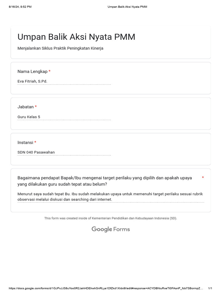 Umpan Balik Aksi Nyata PMM - Google Forms 2 | PDF