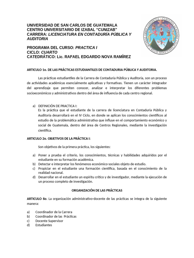 PROGRAMA DE CURSO PRACTICA I (práctica del área comun) | PDF