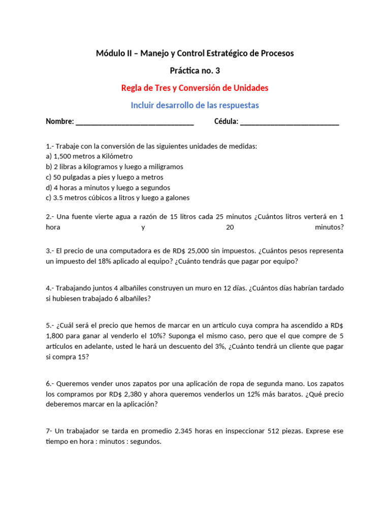 PrÃ¡ctica No. 3 - Ejercicios Con Regla de Tres | PDF