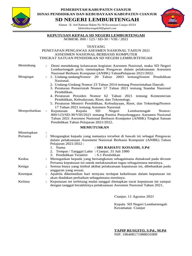 SK Pengawas ANBK Tahun 2021 Tingkat Satuan Pendidikan | PDF