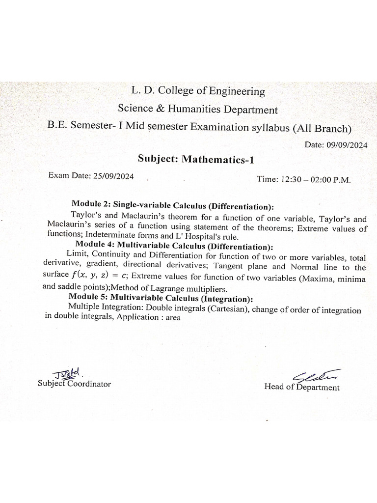 Mid Sem Syllabus - Mathematics-1 - 2024 | PDF