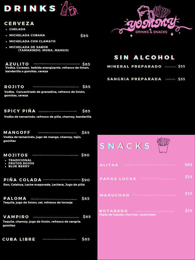 Menú Vertical Carta de Tragos Bar Moderno Negro | PDF