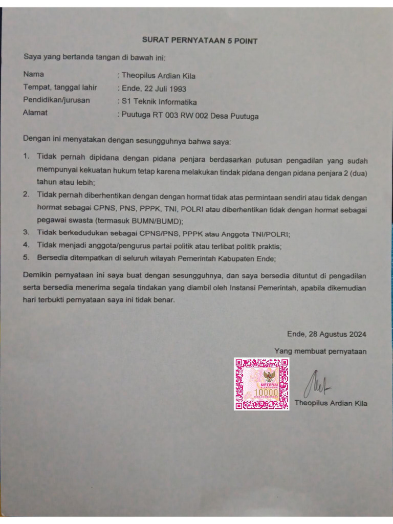 surat pernyataan 5 point miles e-materai | PDF