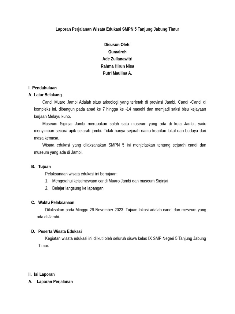 Laporan Perjalanan Wisata Edukasi SMPN 5 Tanjung Jabung Timur | PDF