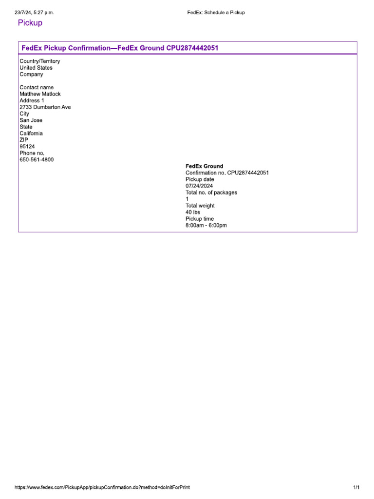 Fedex Pickup CPU2874442051 | PDF