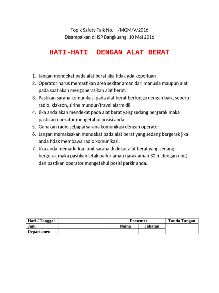 Safety Talk: Alat Berat | PDF