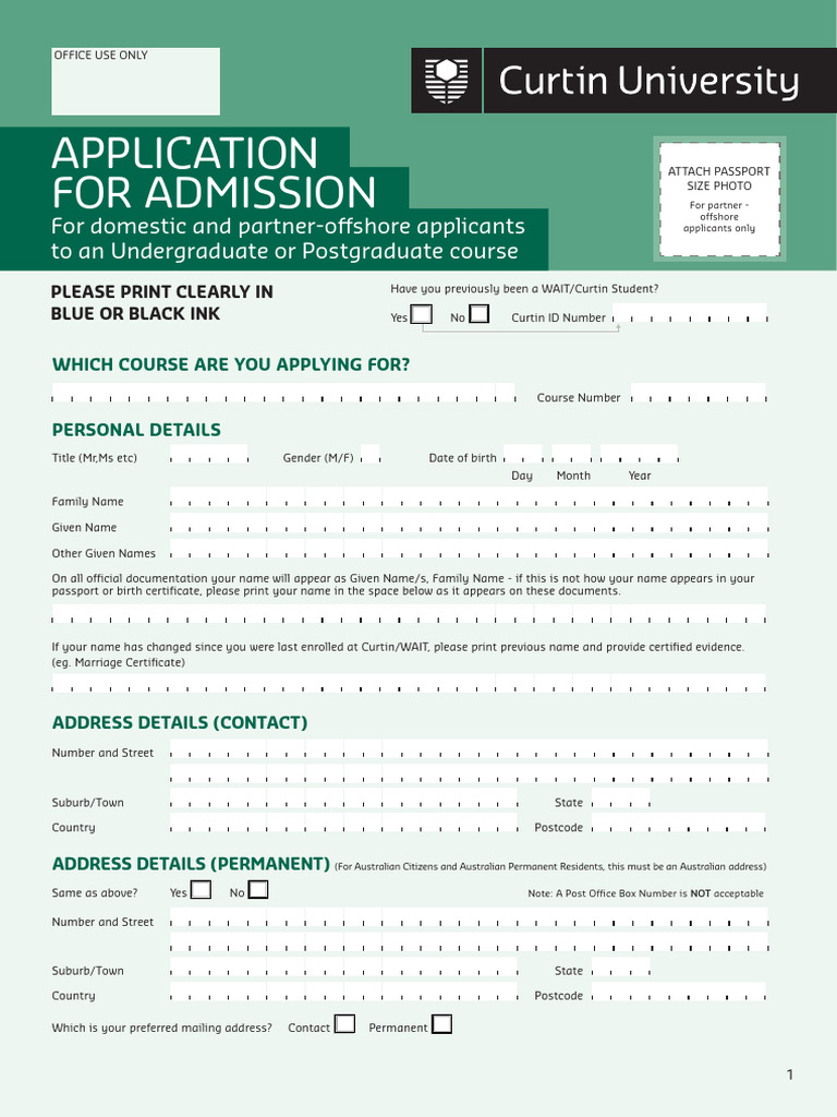 Curtin Application Form 1 | PDF