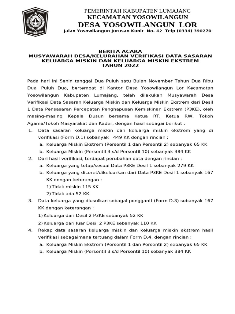 BA Musdes Verifikasi Data P3KE DESIL 1 DAN DESIL 2 TAHUN 2022 | PDF