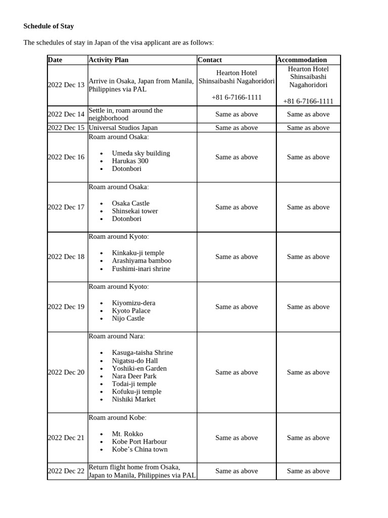 Schedule of Stay | PDF