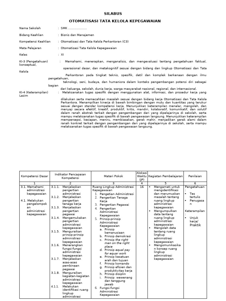 Silabus OTK Kepegawaian Kelas XI | PDF