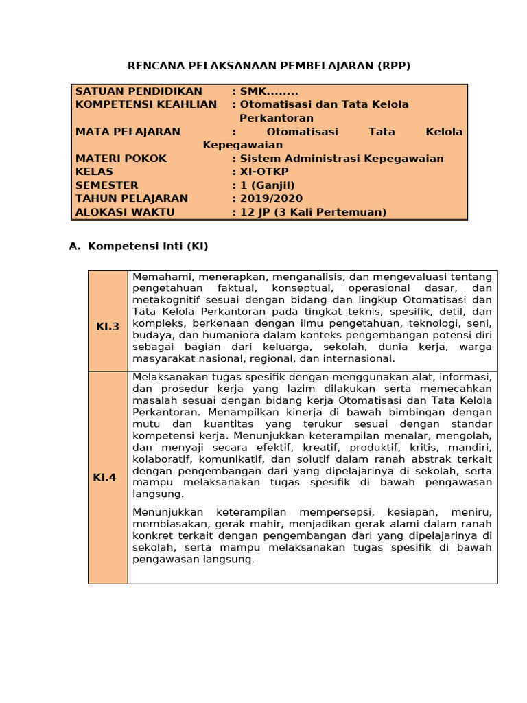 RPP OTK Kepegawaian-Sri Endang-Kelas XI SMK-Bab 3 | PDF