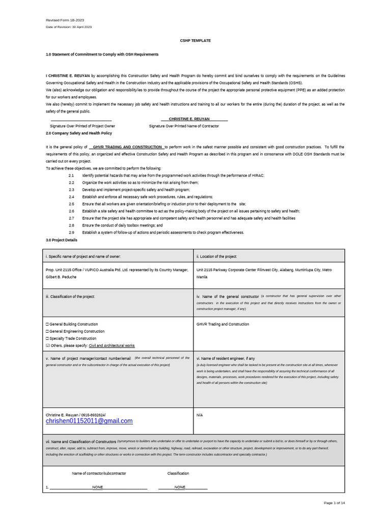 CSHP Form 1B 2023 Template - 2 | PDF