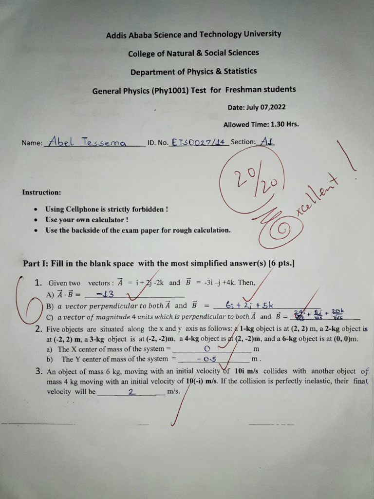 Physics Midterm Exam 1 (AASTU) | PDF