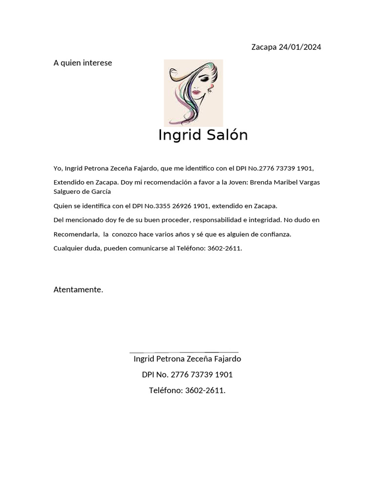carta de recomendacion Ingrid Petrona Zeceña Fajardo | PDF