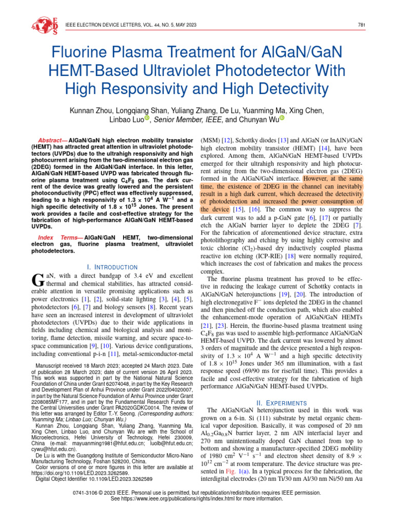 Fluorine Plasma Treatment For AlGaN GaN HEMT-Based Ultraviolet Photodetector With High ...
