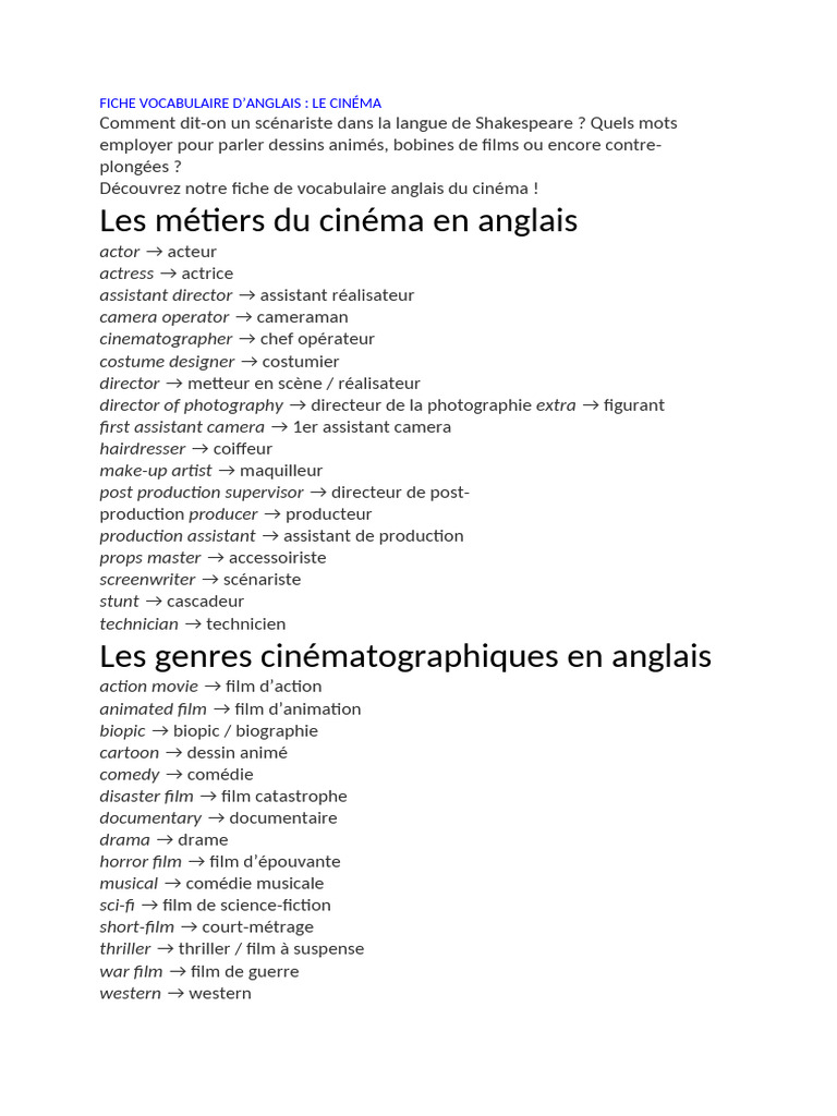 Vocab Du Cinema | PDF | Language Arts & Discipline