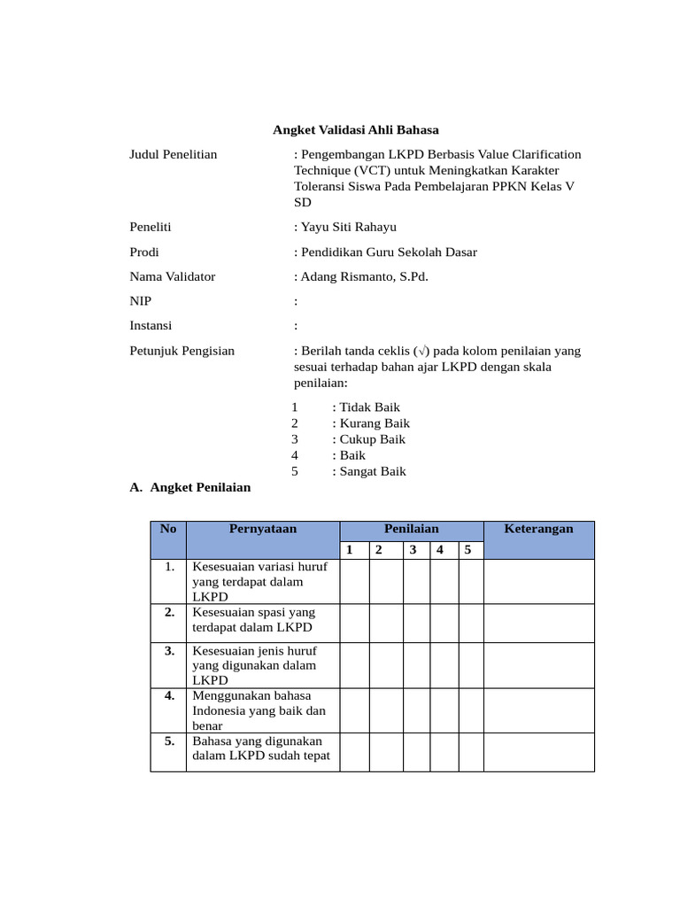 Angket Validasi Ahli Bahasa | PDF