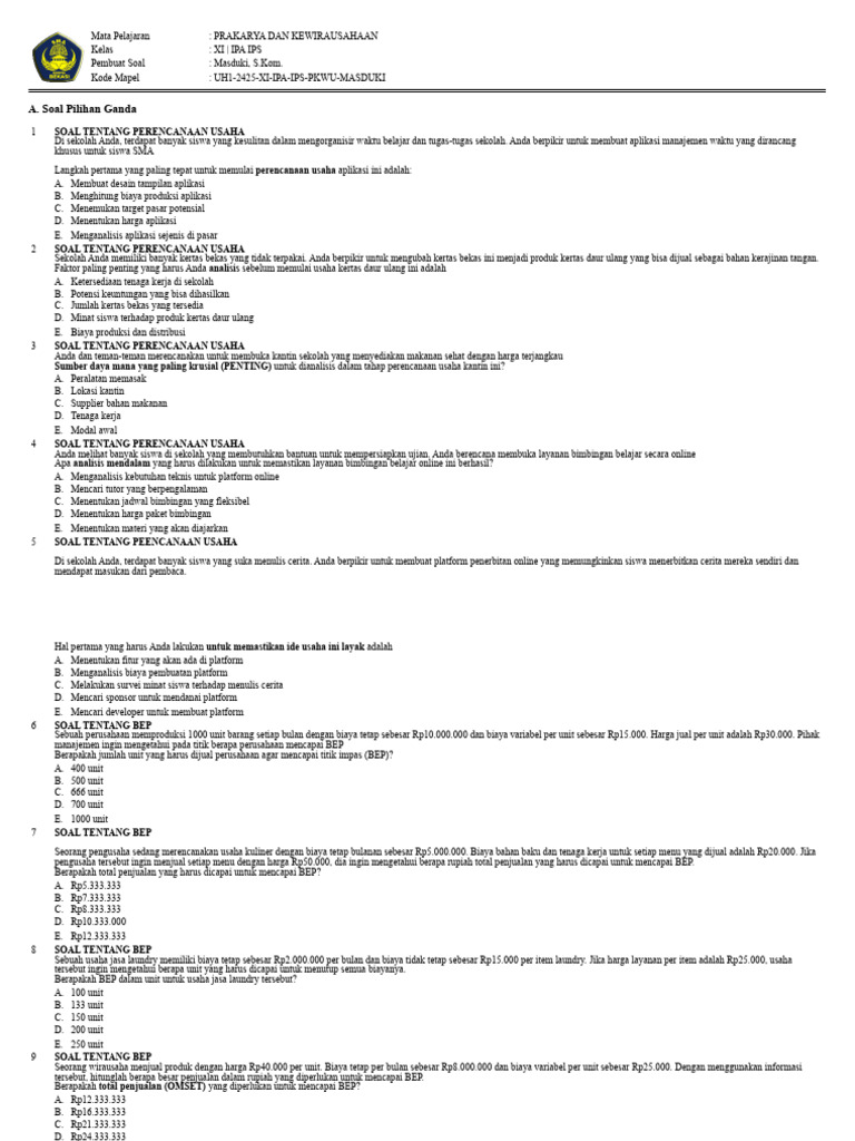 Soal Pkwu Kelas Xi Bab 1 Utk Remedial | PDF