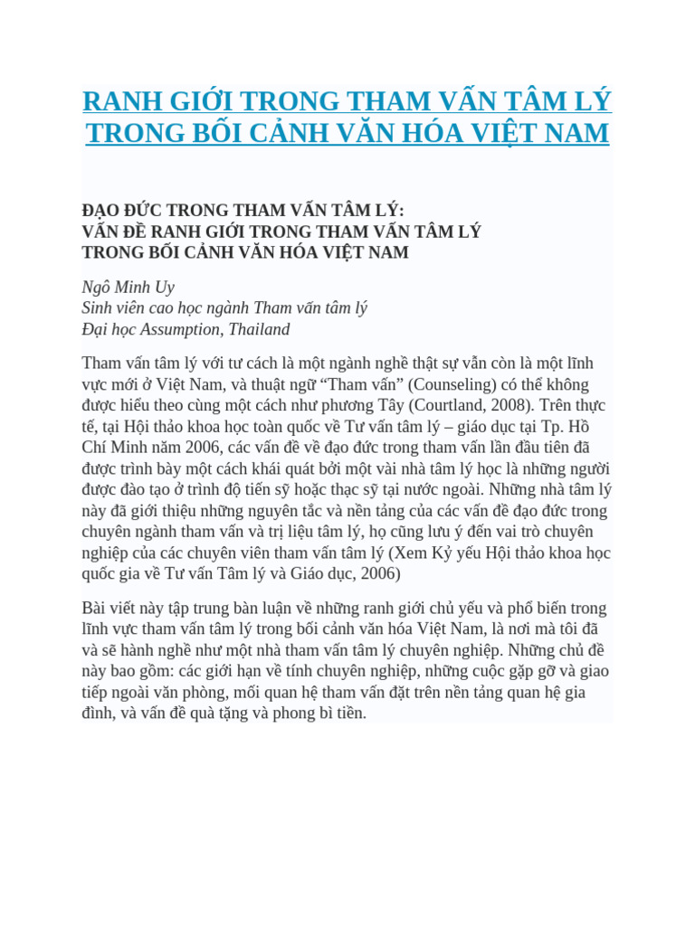RANH GIỚI TRONG THAM VẤN TÂM LÝ TRONG BỐI CẢNH VĂN HÓA VIỆT | PDF