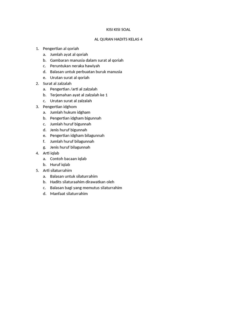 Kisi Kisi Soal Al Quran Kelas 4 | PDF