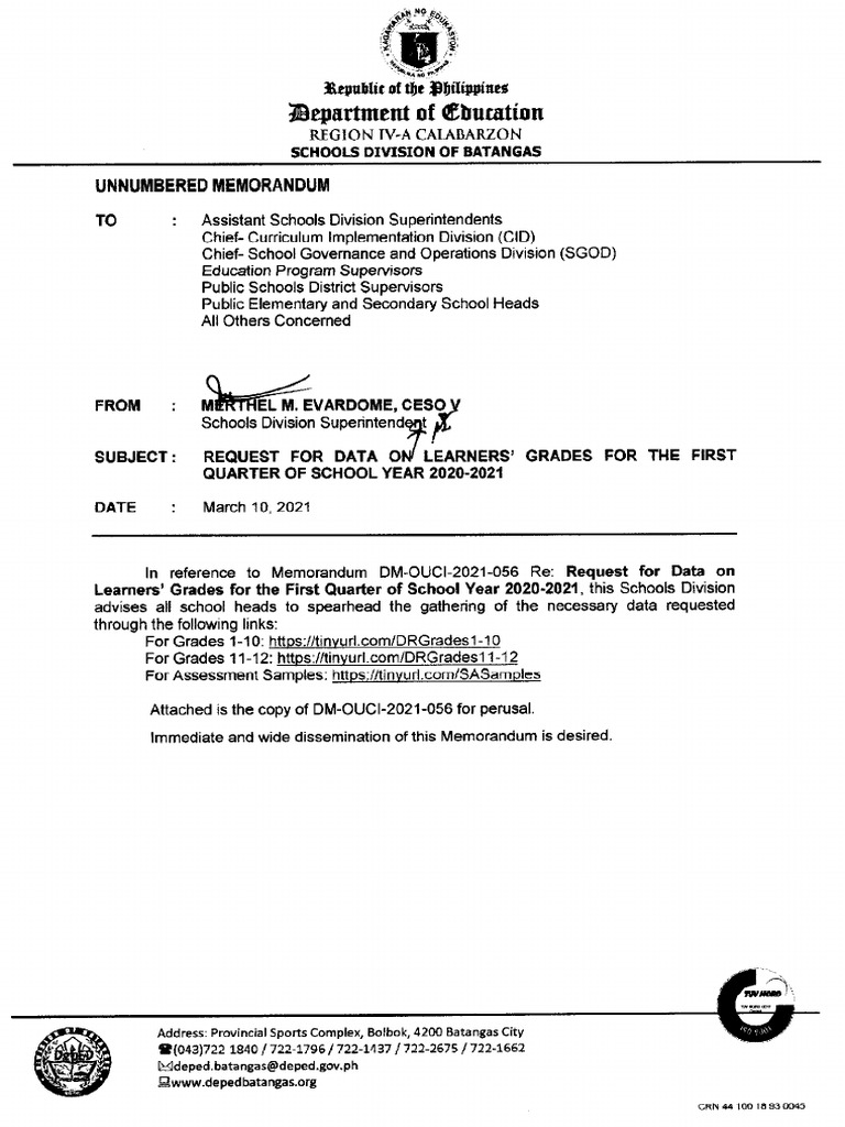 Unnumbered Memorandum - Request For Data On Learners Grades | PDF