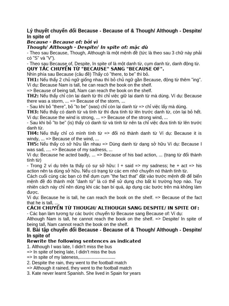 Lý thuyết chuyển đổi Because although | PDF