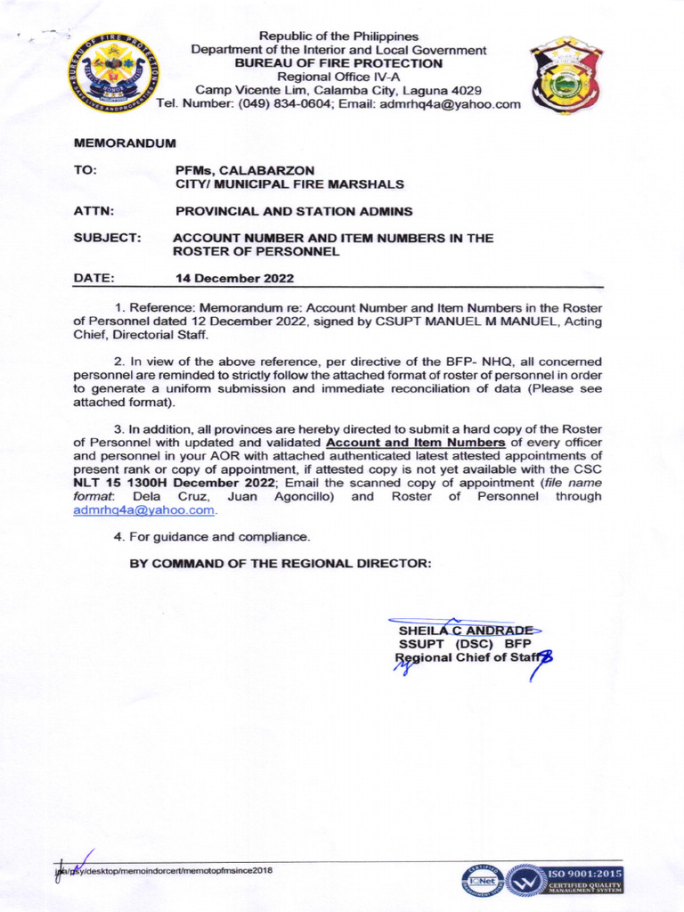 Memo Re Account Number and Item Numbers in The Roster of Personnel DTD ...