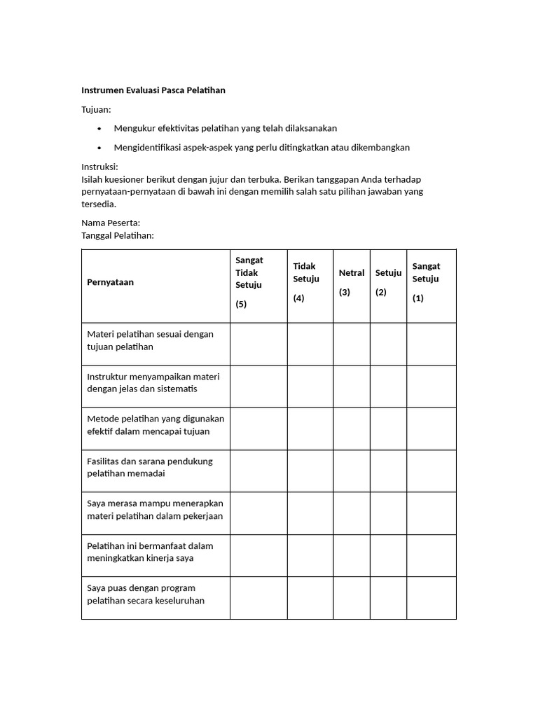 Instrumen Evaluasi Pasca Pelatihan | PDF