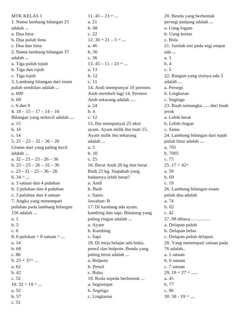 SOAL PAT MTK KELAS 1 | PDF