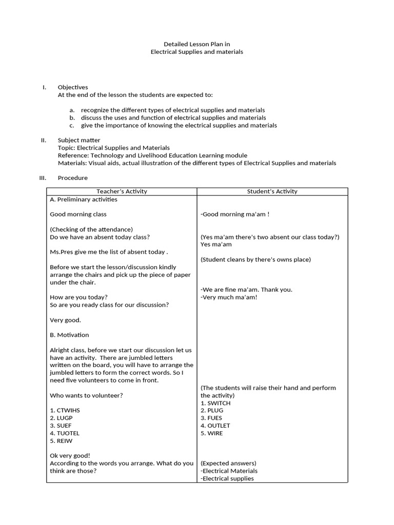 Lesson Plan: Electrical Supplies Overview | PDF | Electrical Connector ...