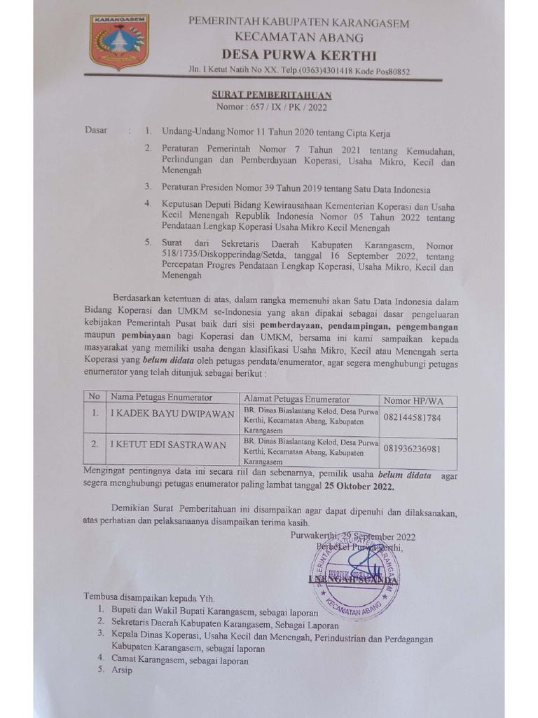 SURAT PEMBERITAHUAN DESA PURWAKERTHI | PDF