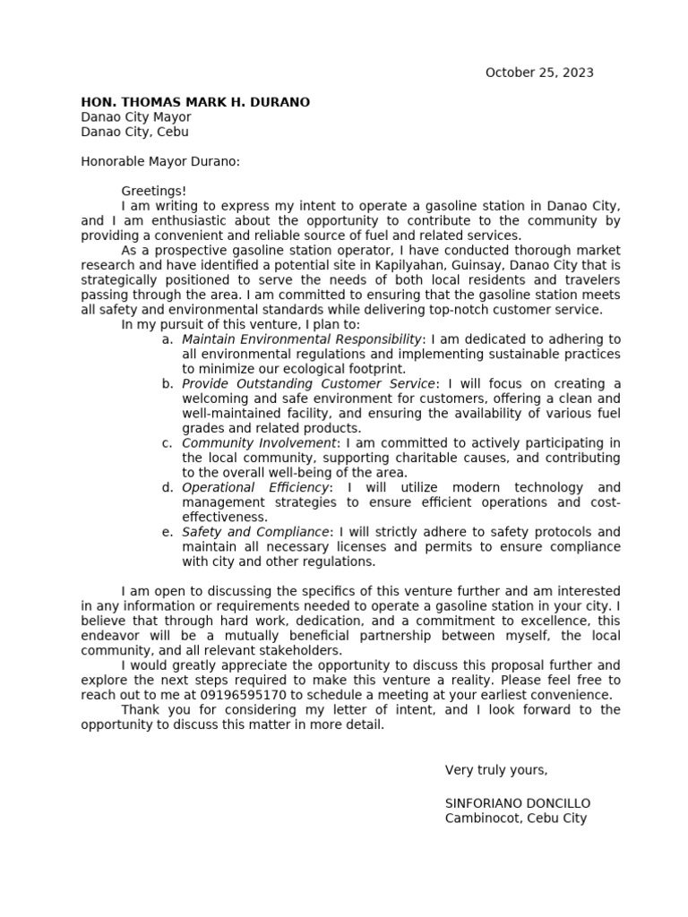 Letter of Intent. Gasoline | PDF