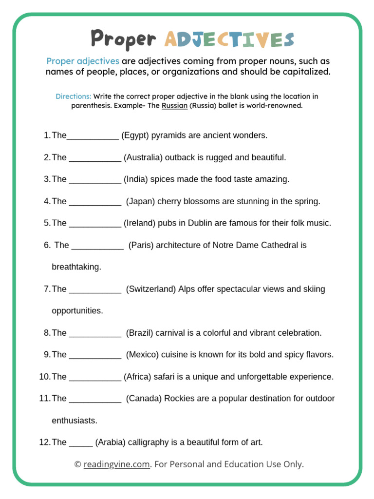 Fill in The Blanks Proper Adjectives Worksheet | PDF