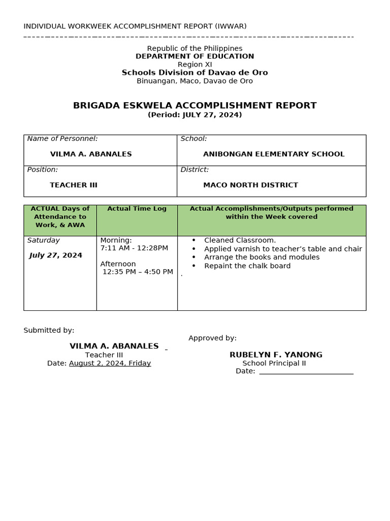 Brigada Eskwela Accomplishment | PDF
