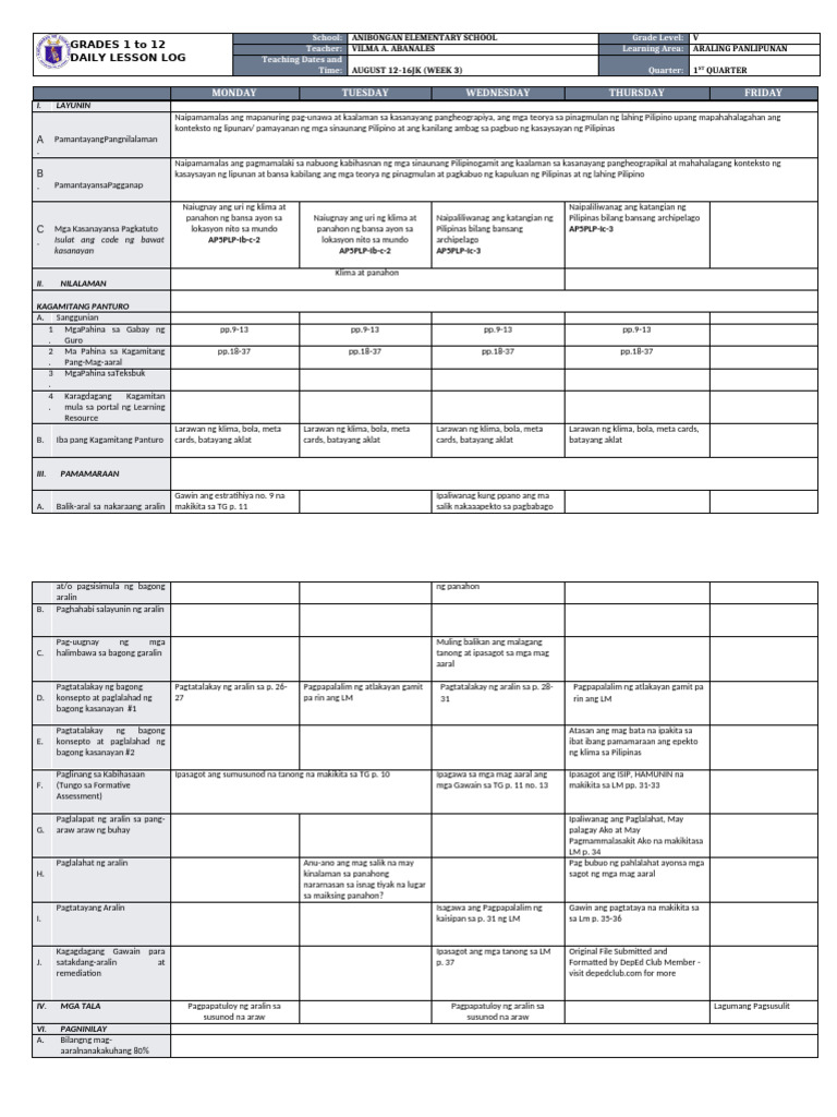 DLL Araling Panlipunan 5 q1 w3 | PDF