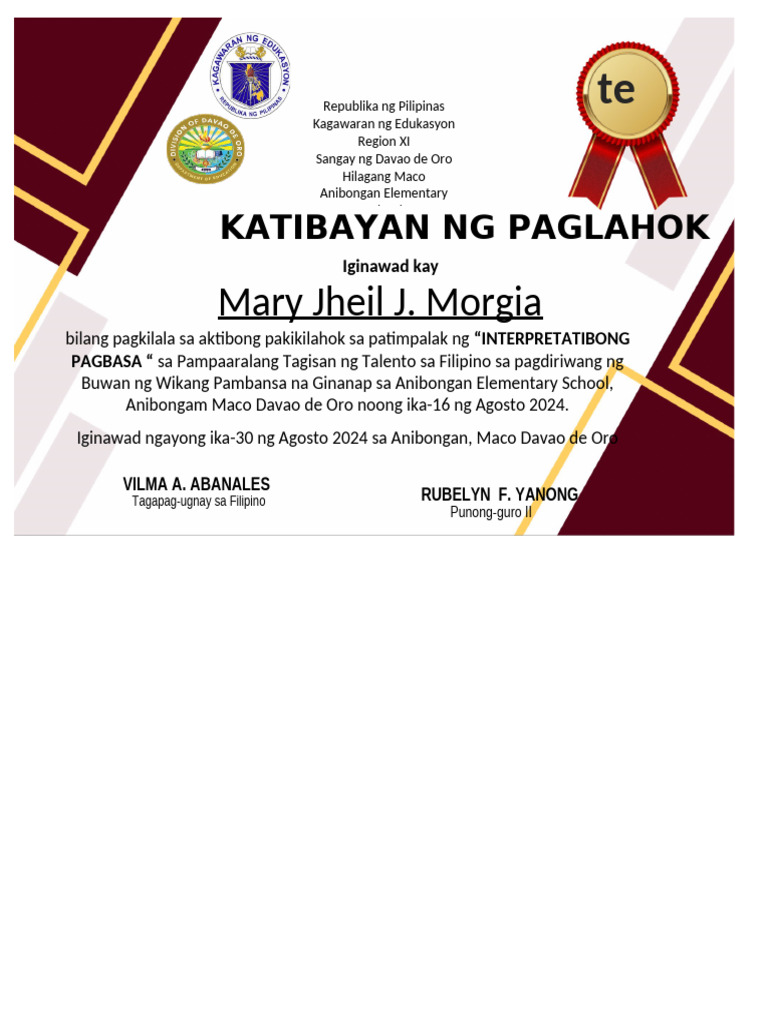 Certificate For Interpretatibong Pagbasa | PDF