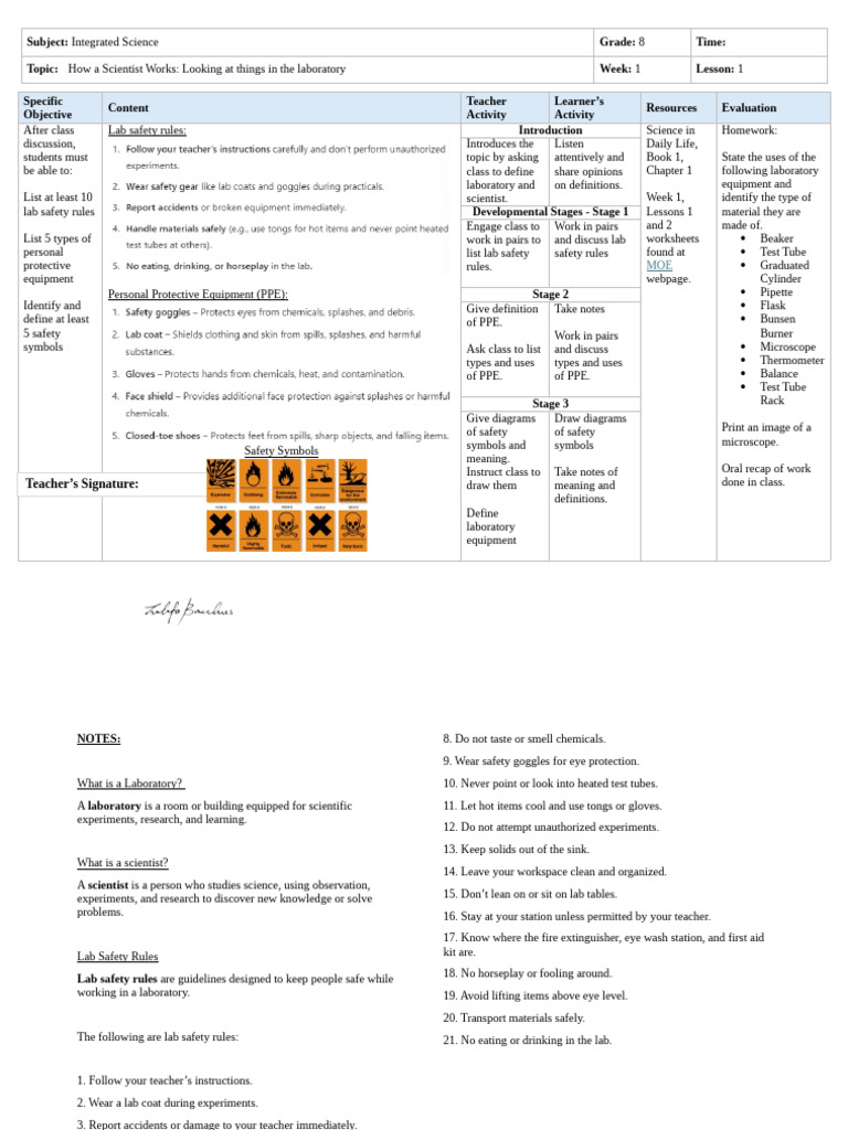 Integrated Science Lesson Plan Week 1 | PDF | Laboratories | Personal ...